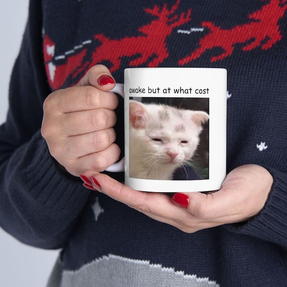 Awake Cat Memes Awake But At What Cost Sleepy Cat Meme Mug Funny Silly