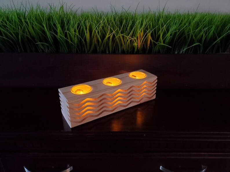 Double Sided Glow-through Wave Design Wooden Candle Holder Complete ...