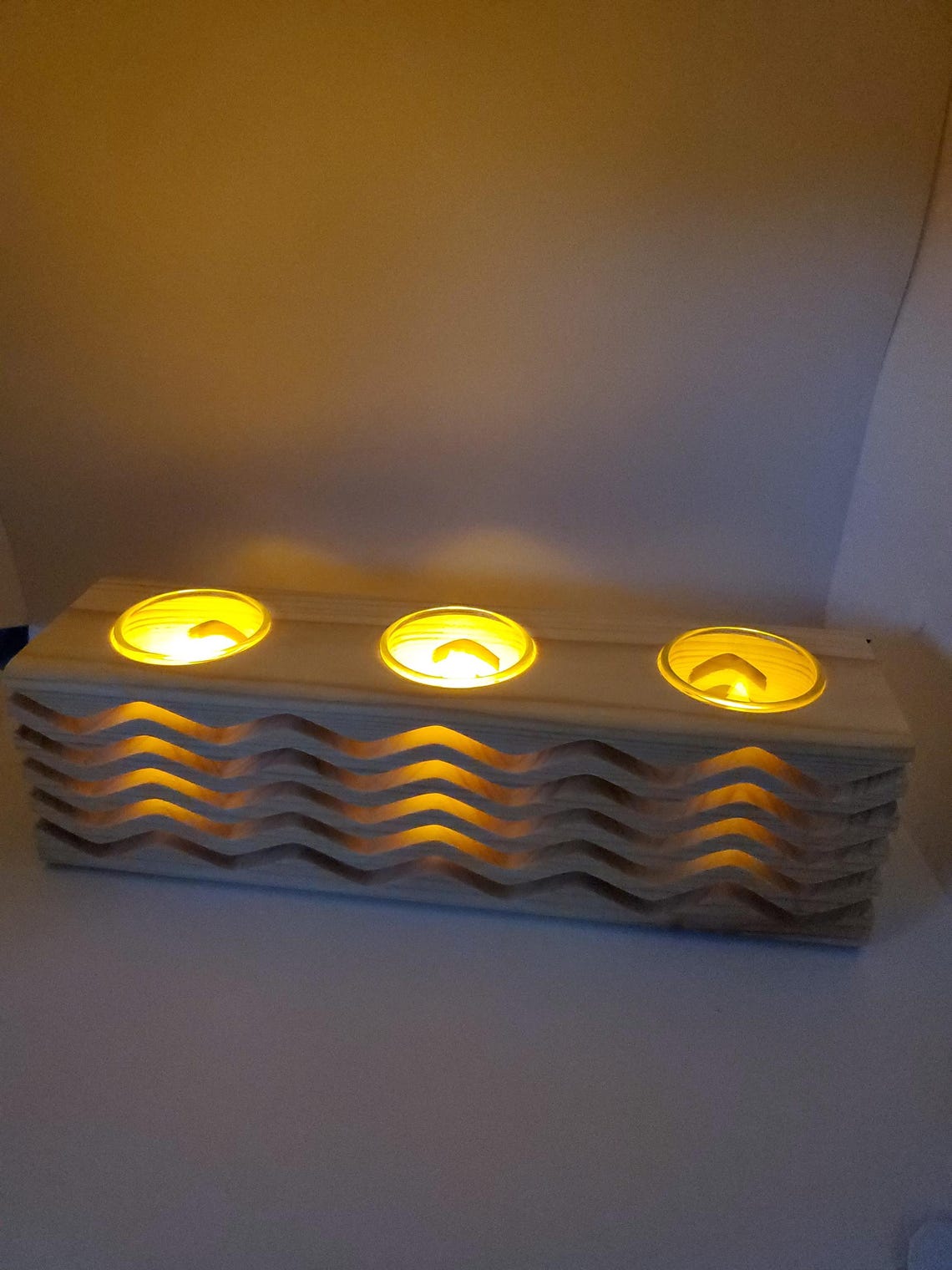 Double Sided Glow-through Wave Design Wooden Candle Holder Complete ...