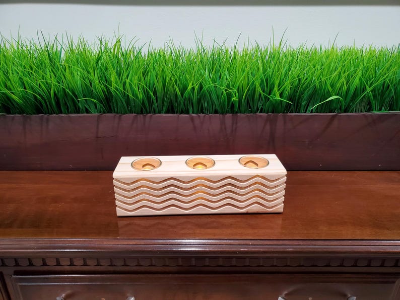Double Sided Glow-through Wave Design Wooden Candle Holder Complete ...