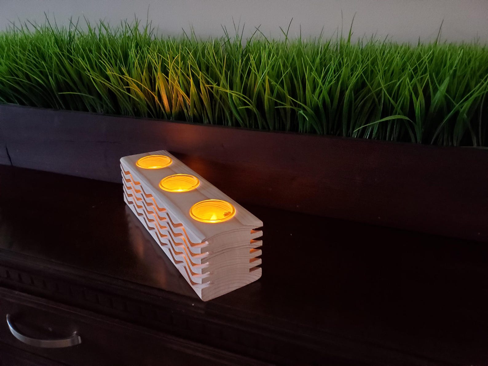 Double Sided Glow-through Wave Design Wooden Candle Holder Complete ...