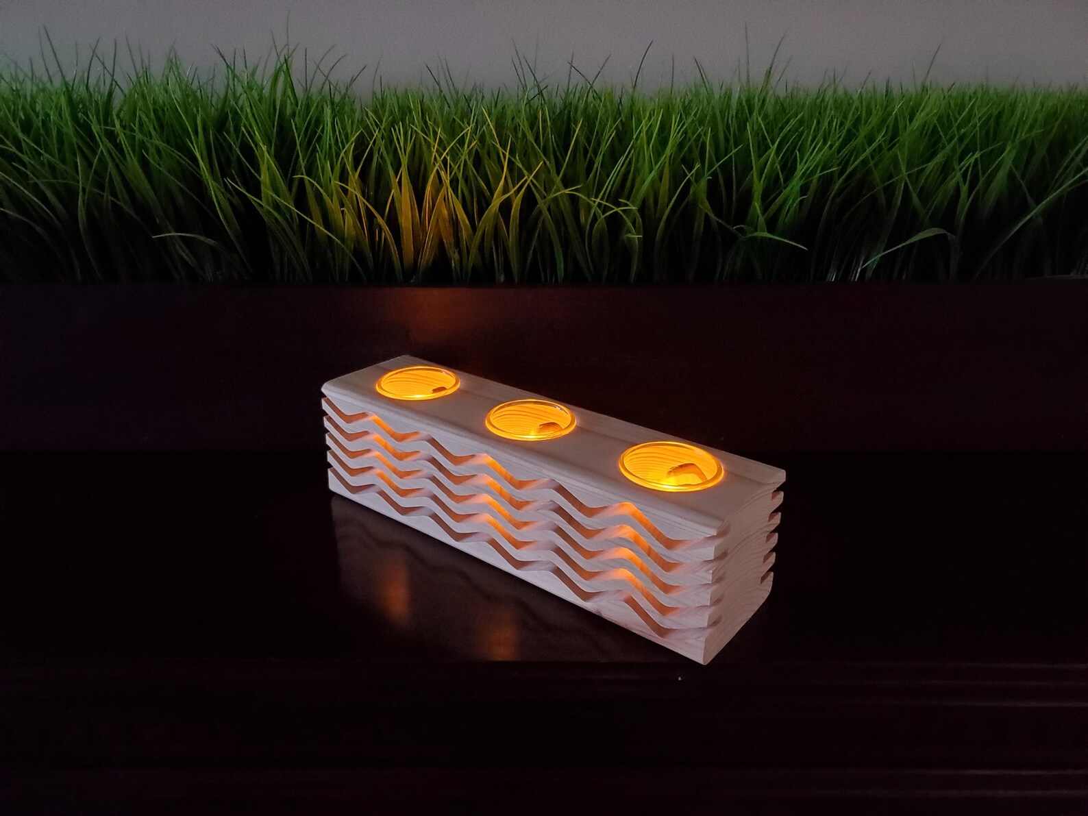 Double Sided Glow-through Wave Design Wooden Candle Holder Complete ...