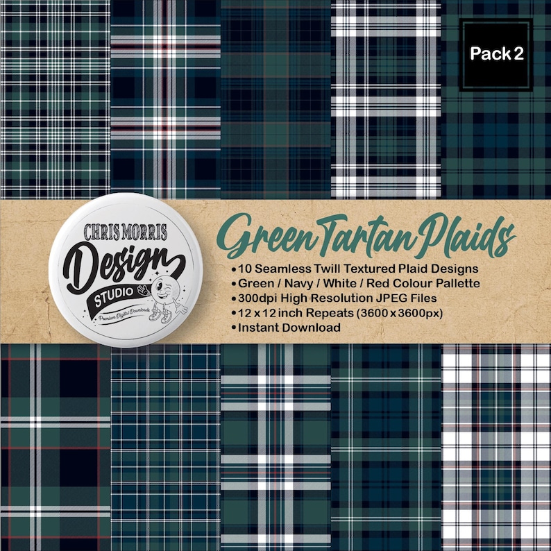 Green Tartan Plaid Patterns Pack 2: Seamless Digital Paper Bundle (10 ...