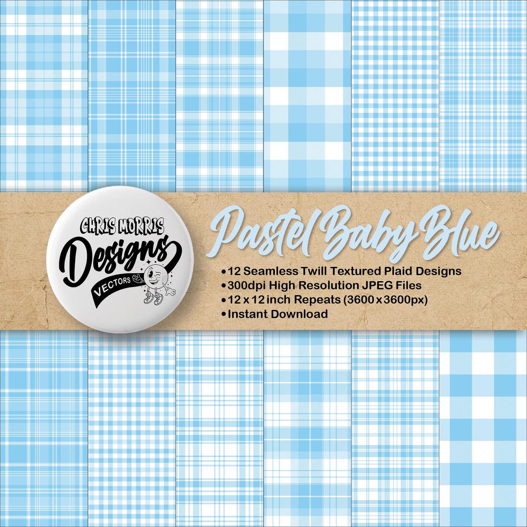 Seamless Pastel Baby Blue Plaid Check Patterns, Digital Paper Bundle ...