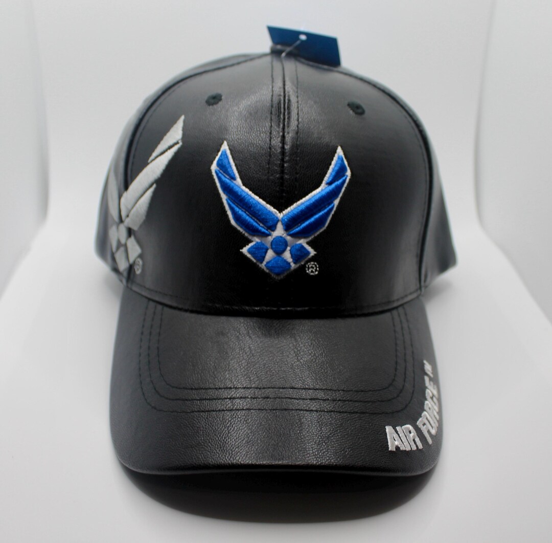 U.S Air Force Hat. Air Force Blue Logo Faux Leather Black Cap. US ...