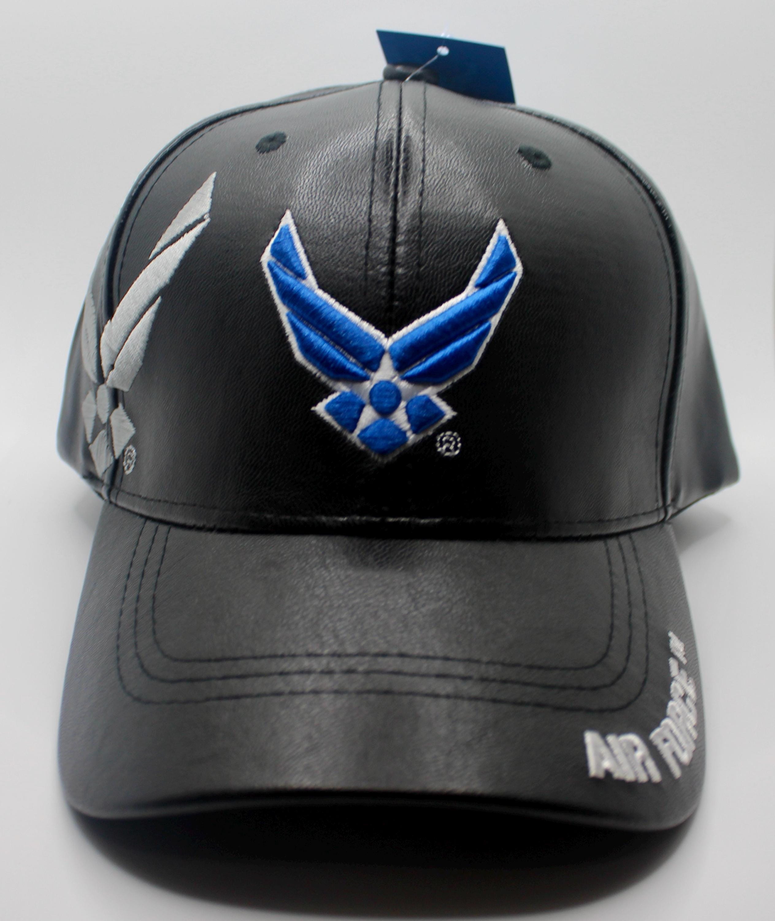 U.S Air Force Hat. Air Force Blue Logo Faux Leather Black Cap. US ...