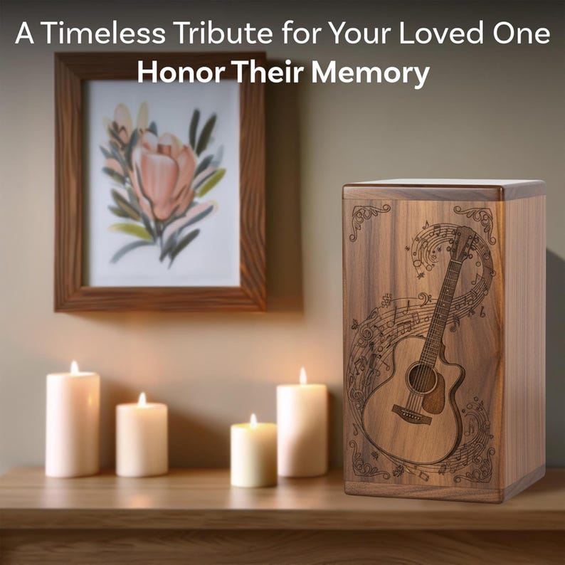 Guitar & Music Notes Carved Wooden Urn Box Handmade Memorial Urn for ...