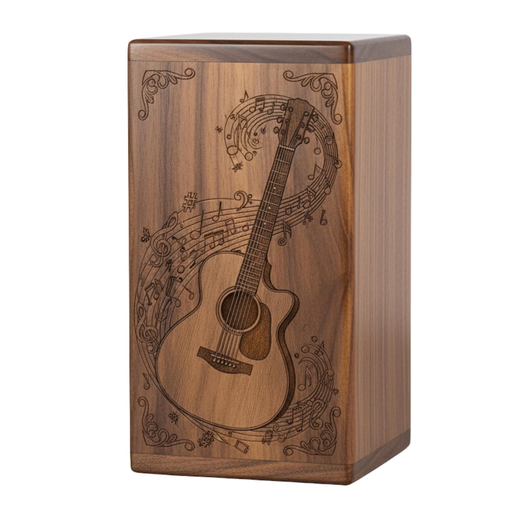 Guitar & Music Notes Carved Wooden Urn Box Handmade Memorial Urn for ...