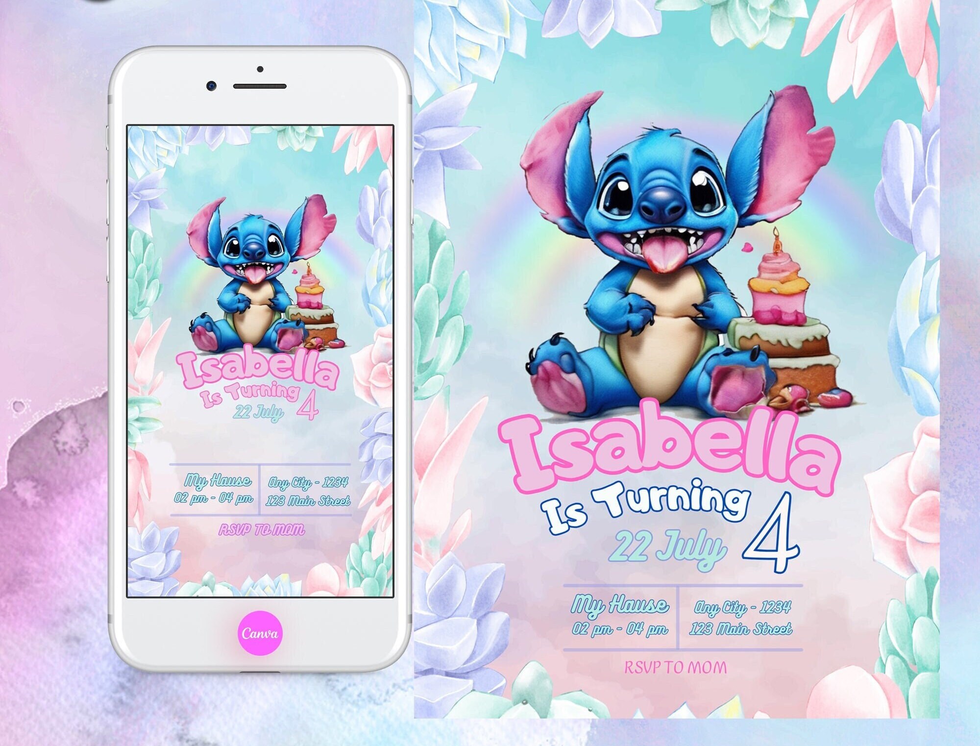 Stitch Birthday Template, Editable in Canva, Birthday Template for Girl ...