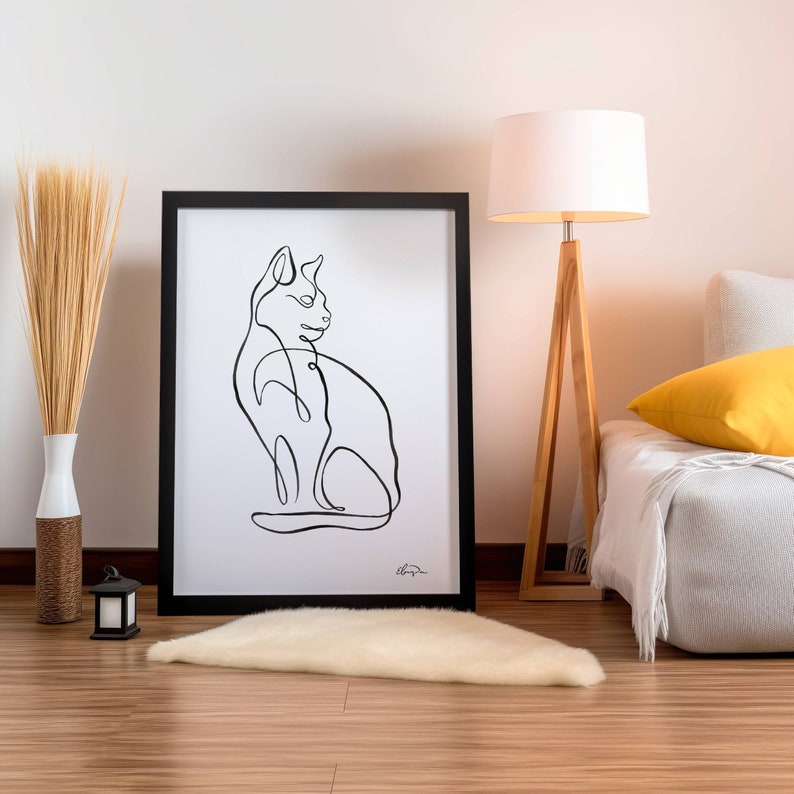 Cat Line Art, Digital Download, Sitting Feline Artwork, Abstract One ...