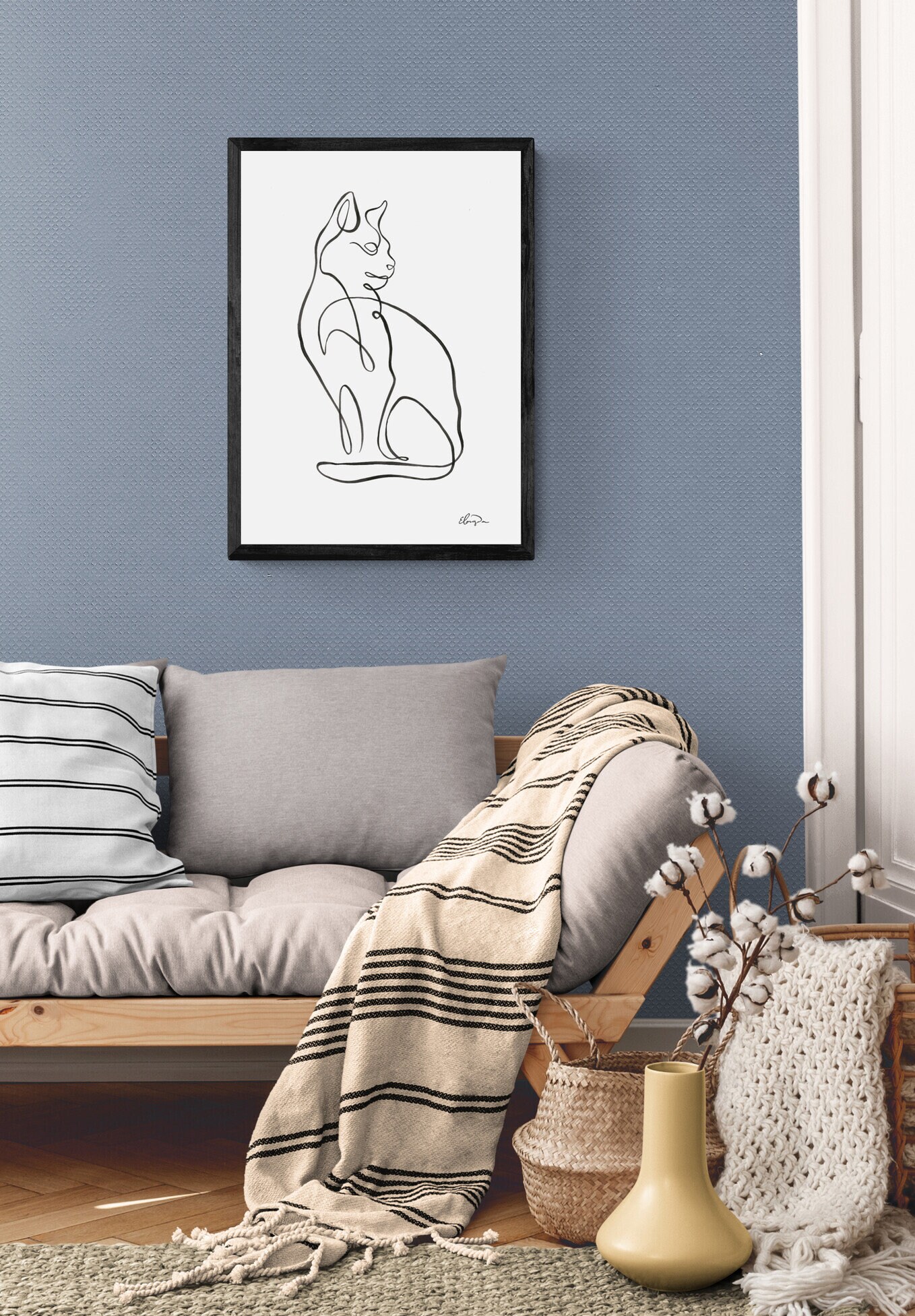 Cat Line Art, Digital Download, Sitting Feline Artwork, Abstract One ...