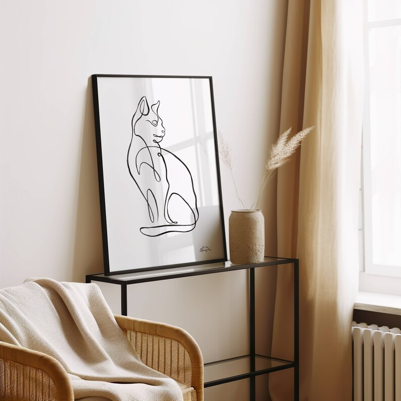 Cat Line Art, Digital Download, Sitting Feline Artwork, Abstract One ...