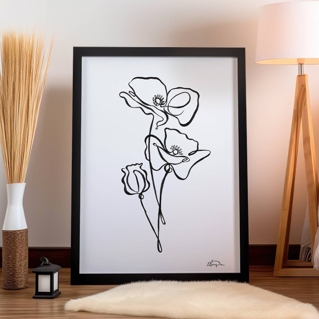 Poppy Wall Art, Line Drawing Print, Wild Flower Artwork, Abstract One ...
