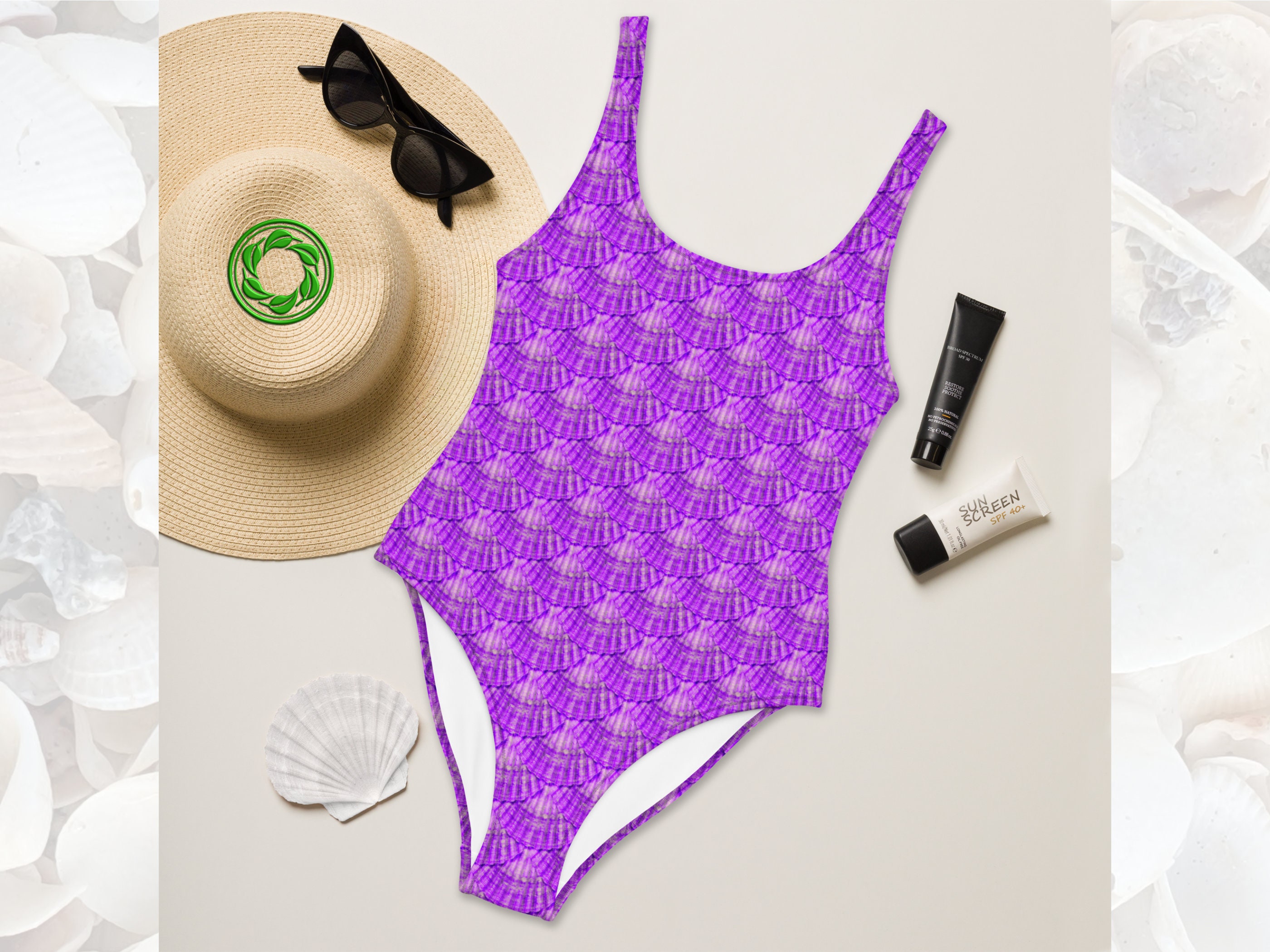 Seashell One-piece Women's Swimsuit in Purple Designed From Scallop ...