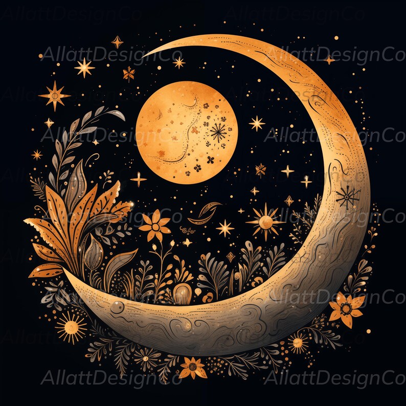 Boho Moon and Stars - a Moon and Flowers in the Night Sky, Art ...