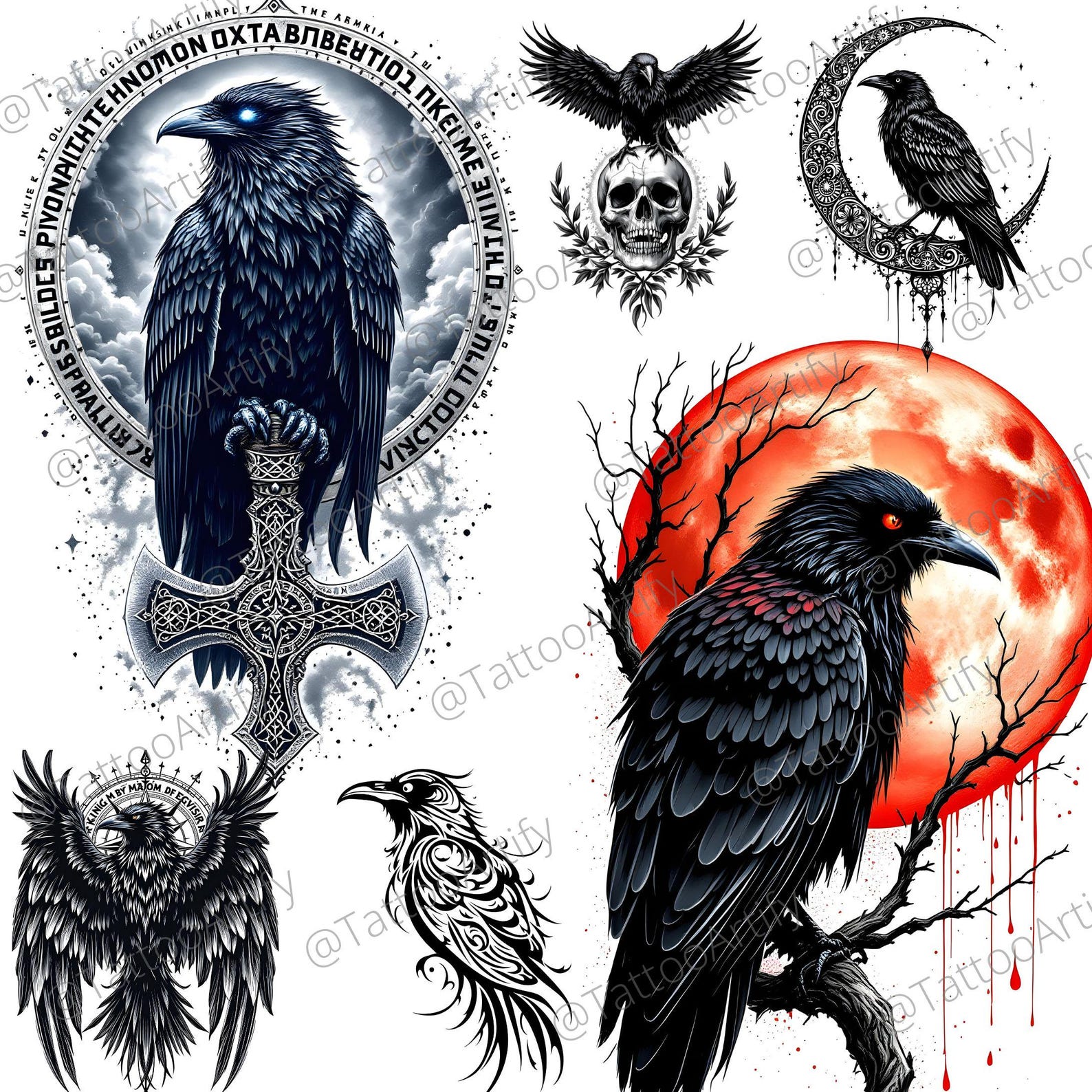 28 Raven Tattoo Designs: Gothic, Norse, Celtic Art (PNG Digital ...