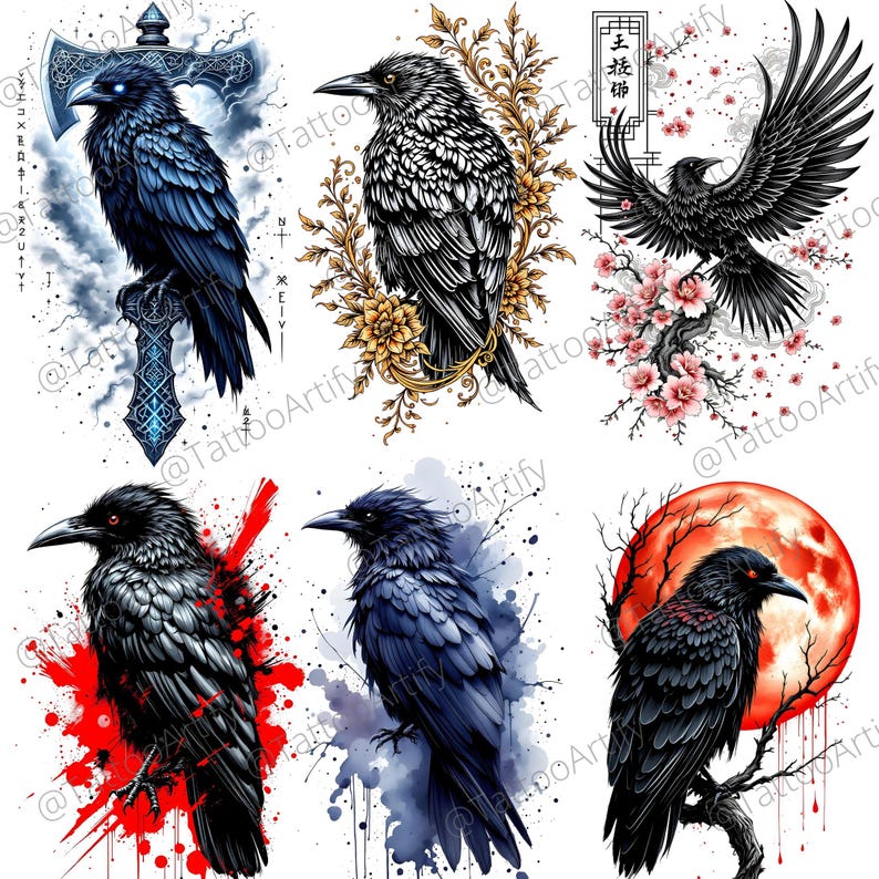 28 Raven Tattoo Designs: Gothic, Norse, Celtic Art (PNG Digital ...