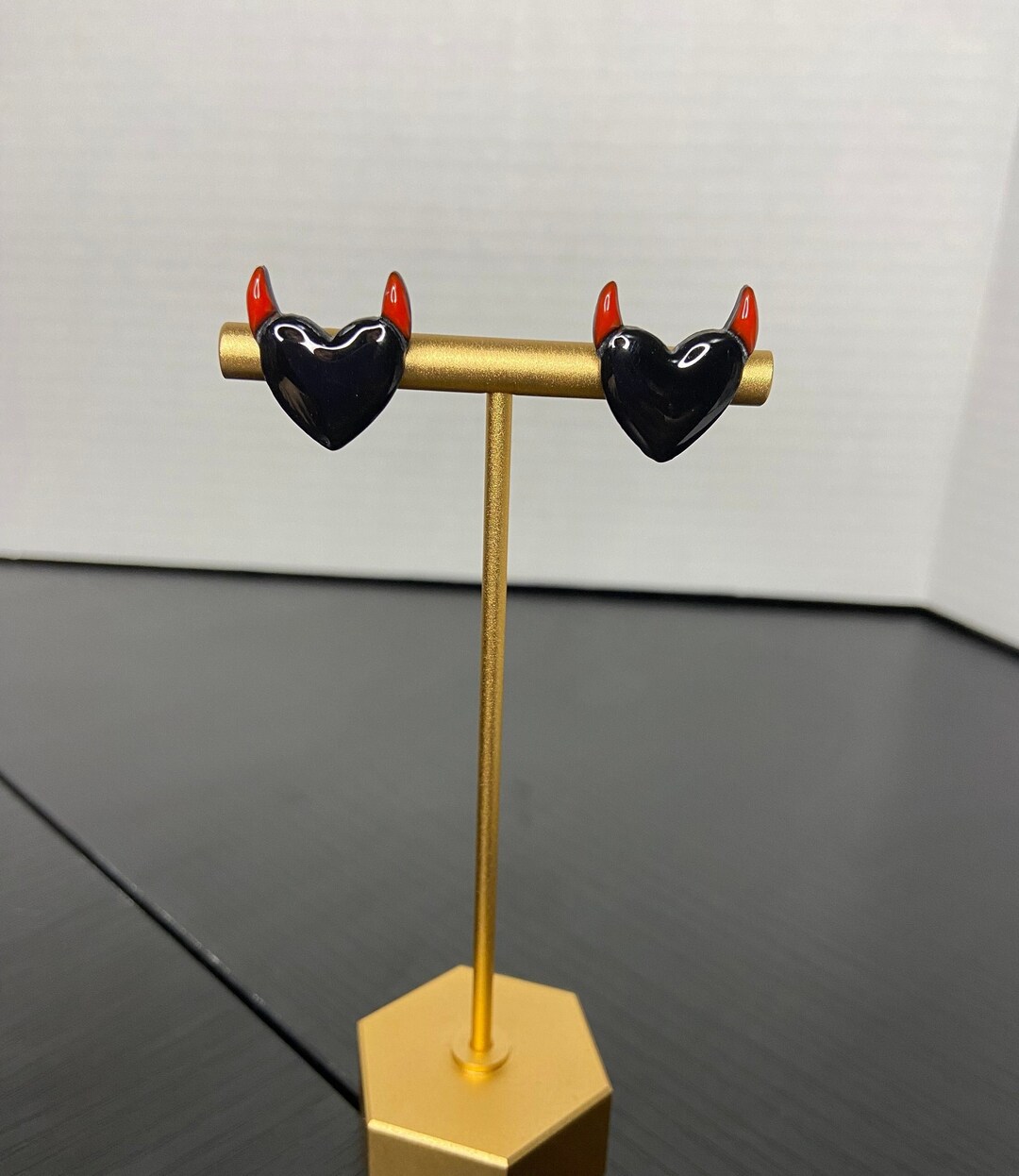 Mini Black Heart With Red Devil Horn Stud Earrings - Etsy