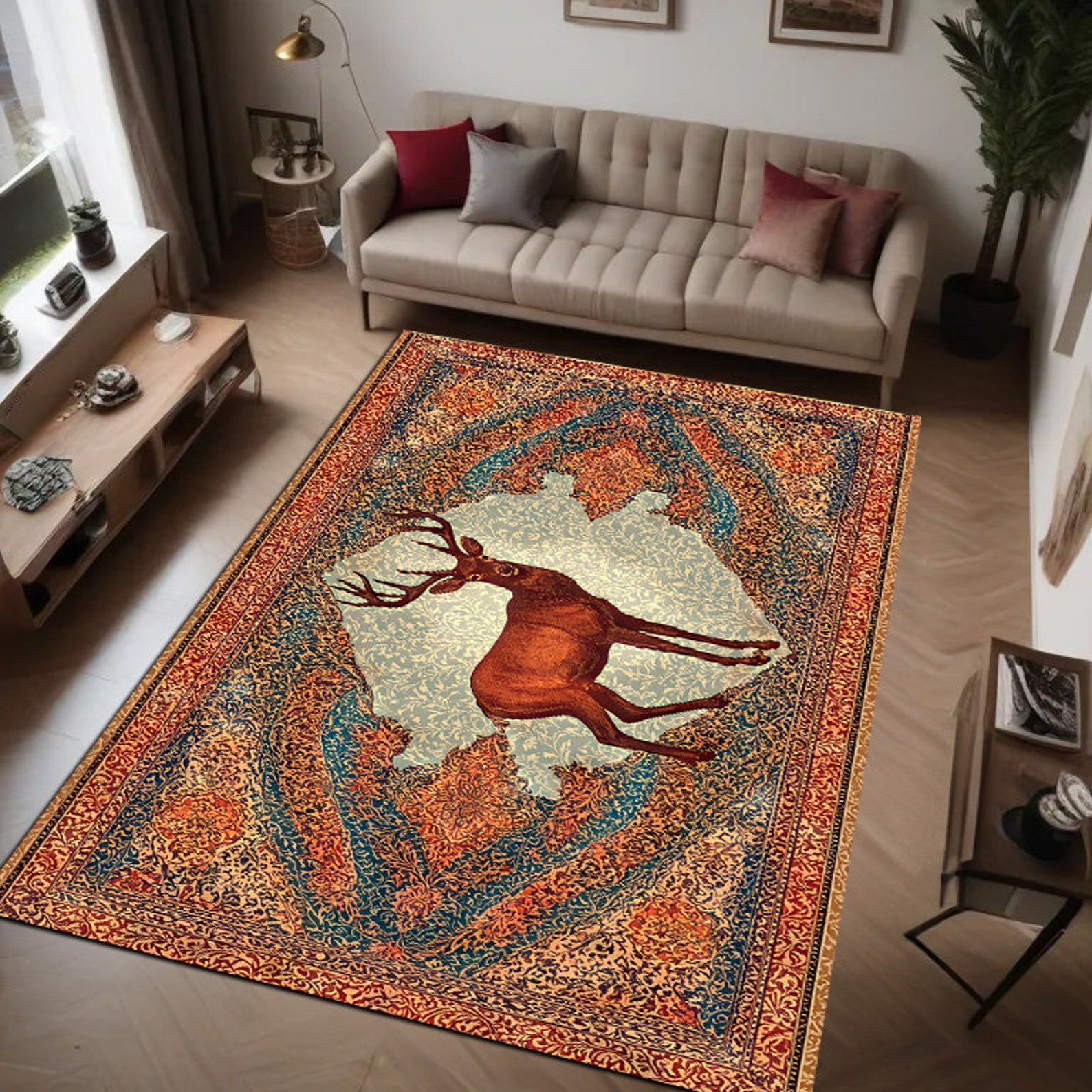 Deer Rug,animal Print Rug,flower Framed Rug,wildflower Rug,anatolian ...