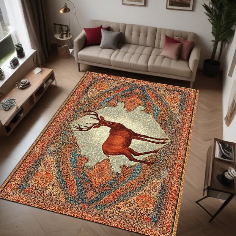 Deer Rug,animal Print Rug,flower Framed Rug,wildflower Rug,anatolian ...