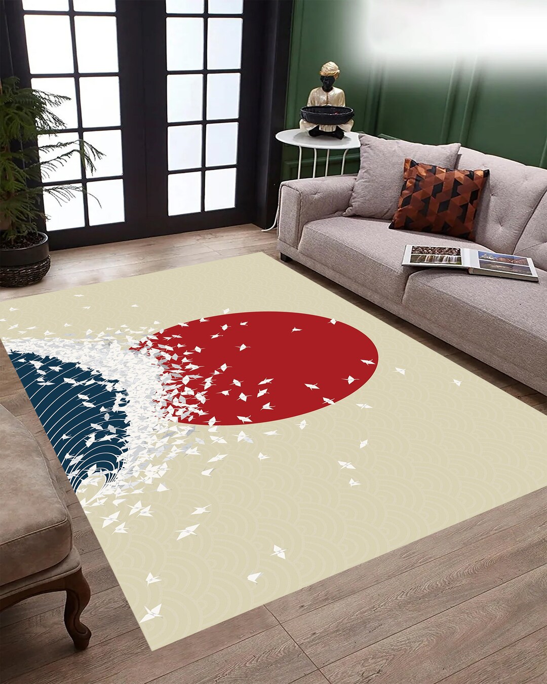 Japanese Style Rug,wavy Rug,red Moon Carpet,living Room Rug,far East ...