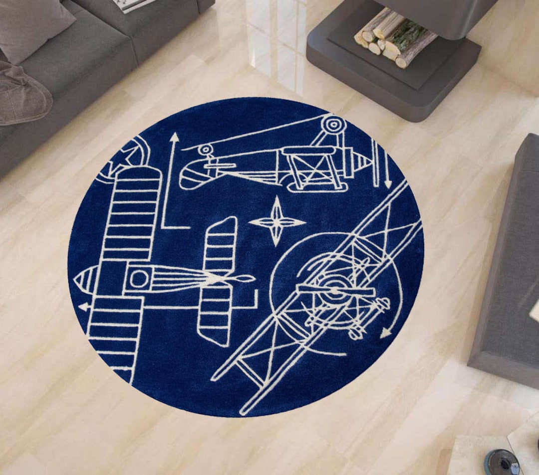 Airplane Blueprint Round Rug: Blue Aviation Decor - Etsy