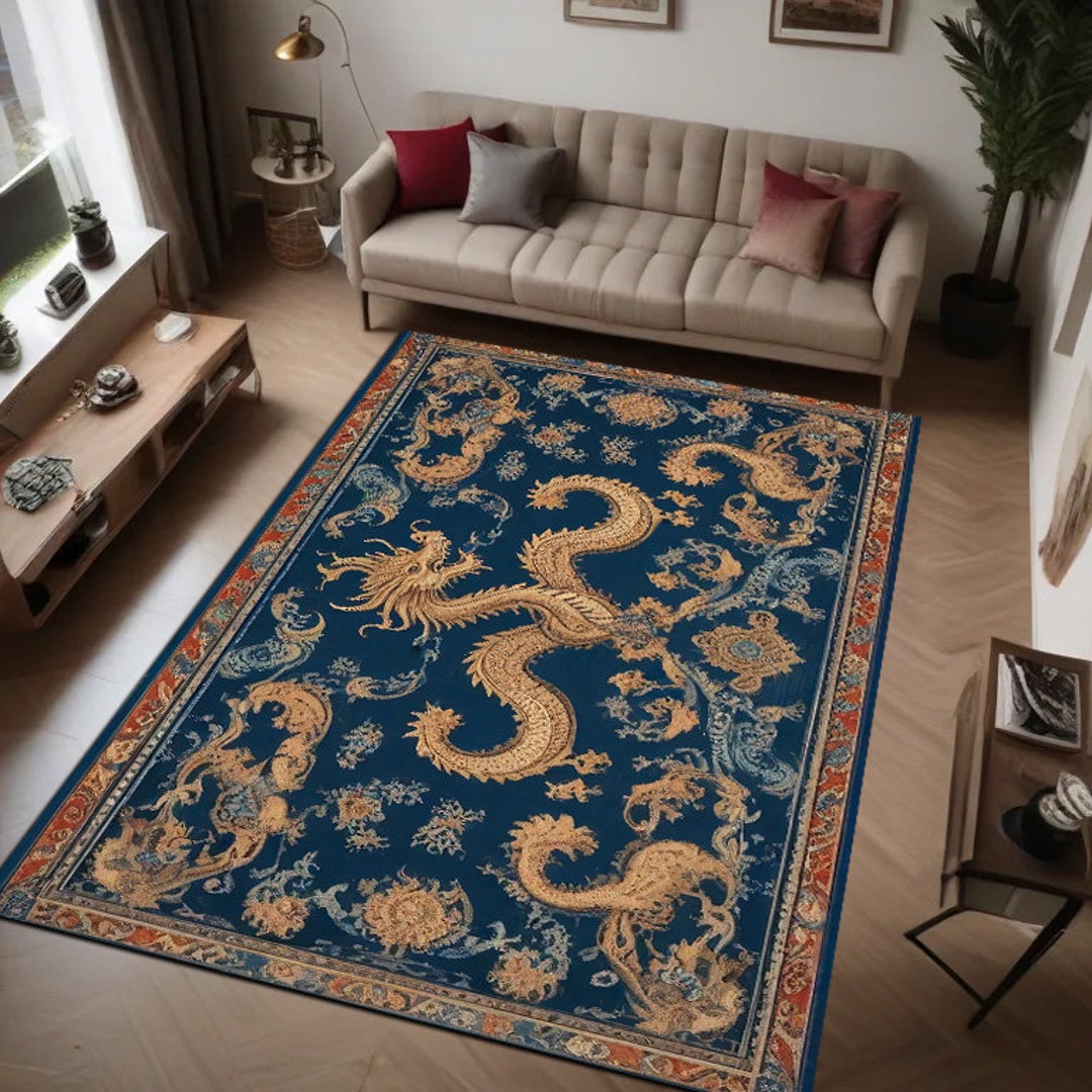 Dragon Rug,motif Rug,blue Rustic Rug,medieval Rug,antique Rug,nordic ...
