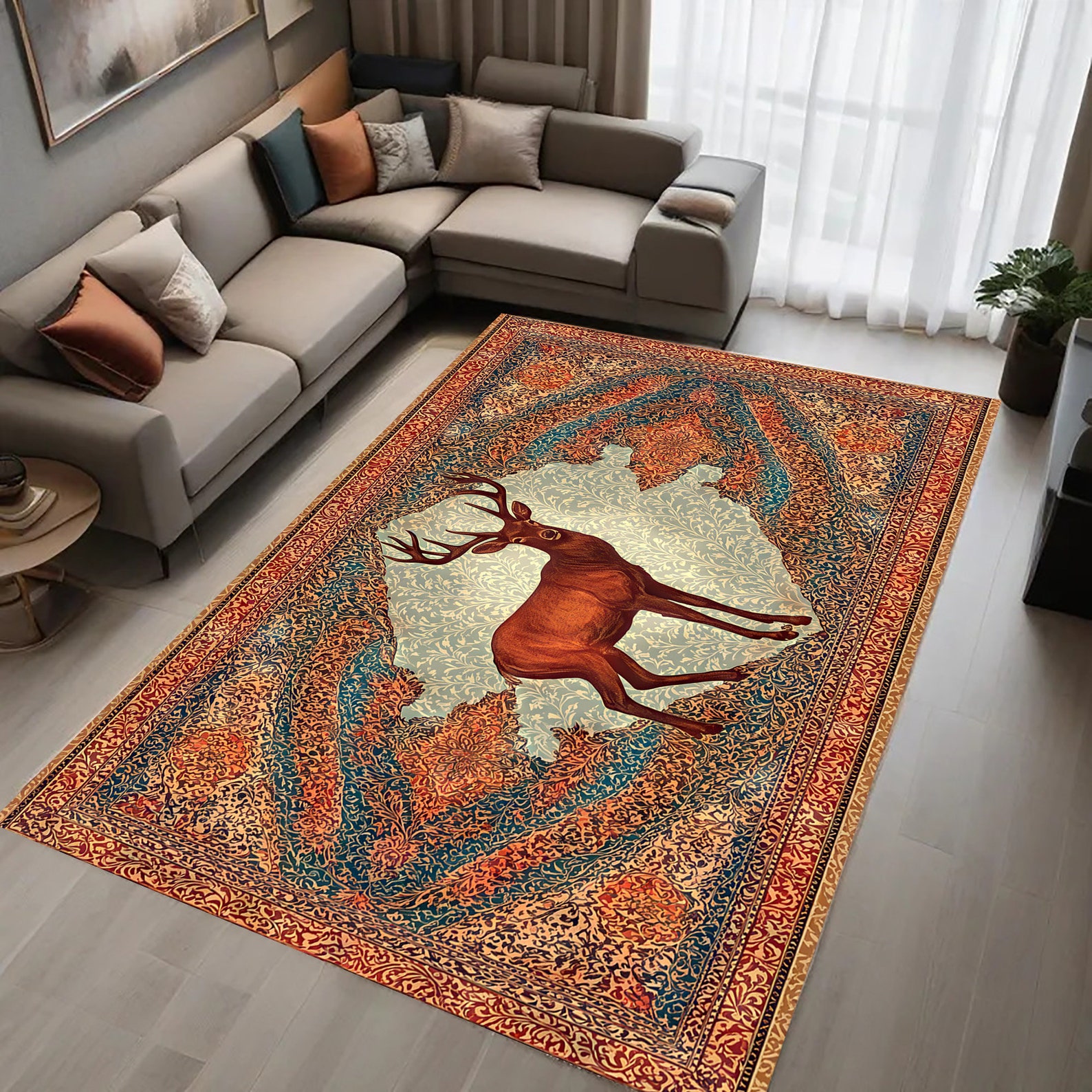Deer Rug,animal Print Rug,flower Framed Rug,wildflower Rug,anatolian ...