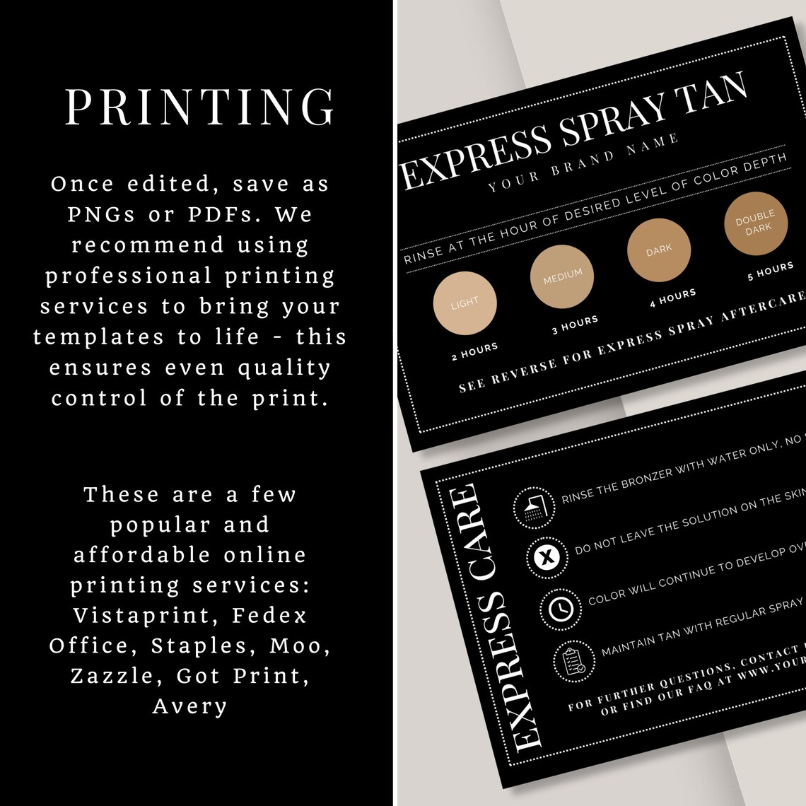 Express Spray Tan Aftercare Card | Spray Tan Business Cards | Editable ...