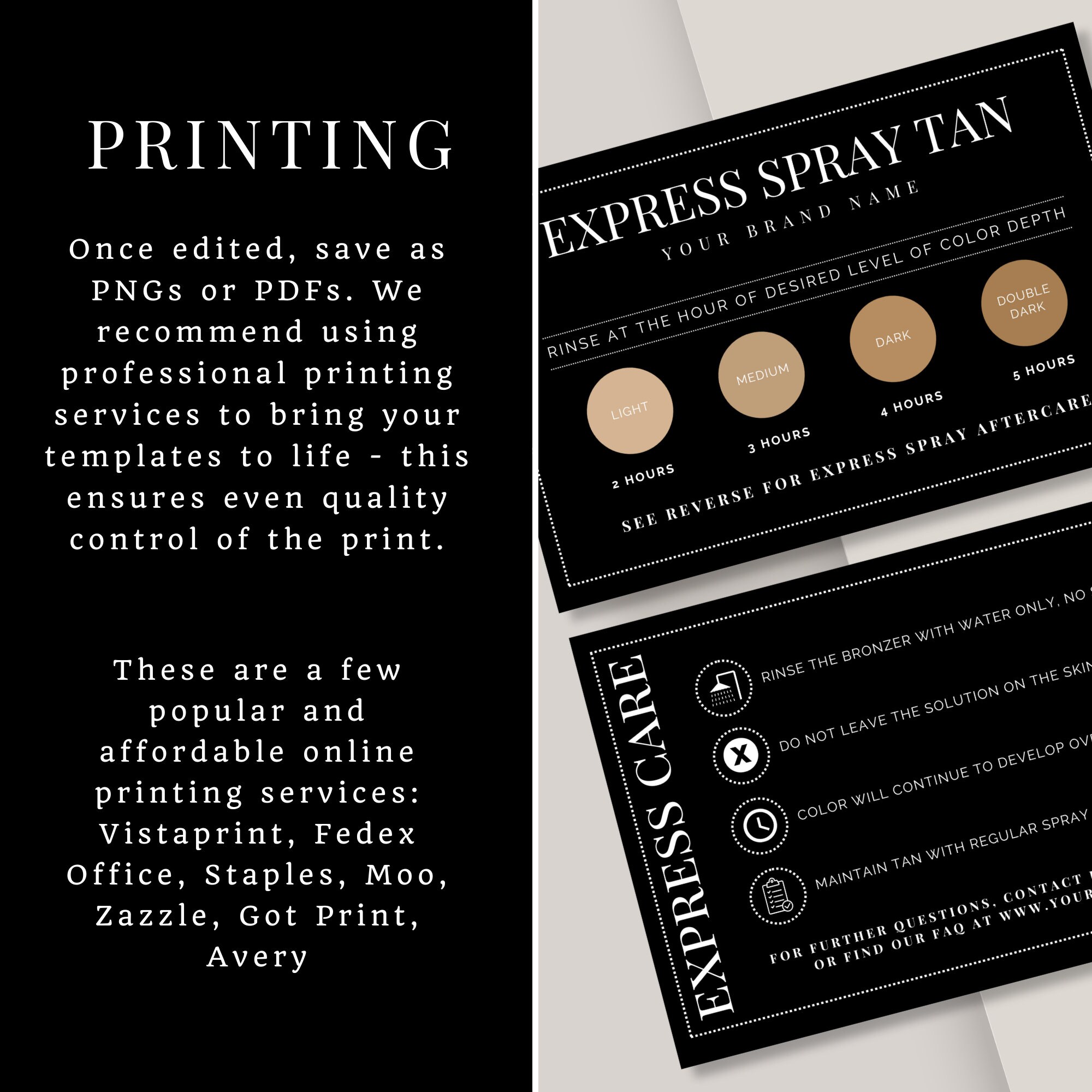 Express Spray Tan Aftercare Card | Spray Tan Business Cards | Editable ...