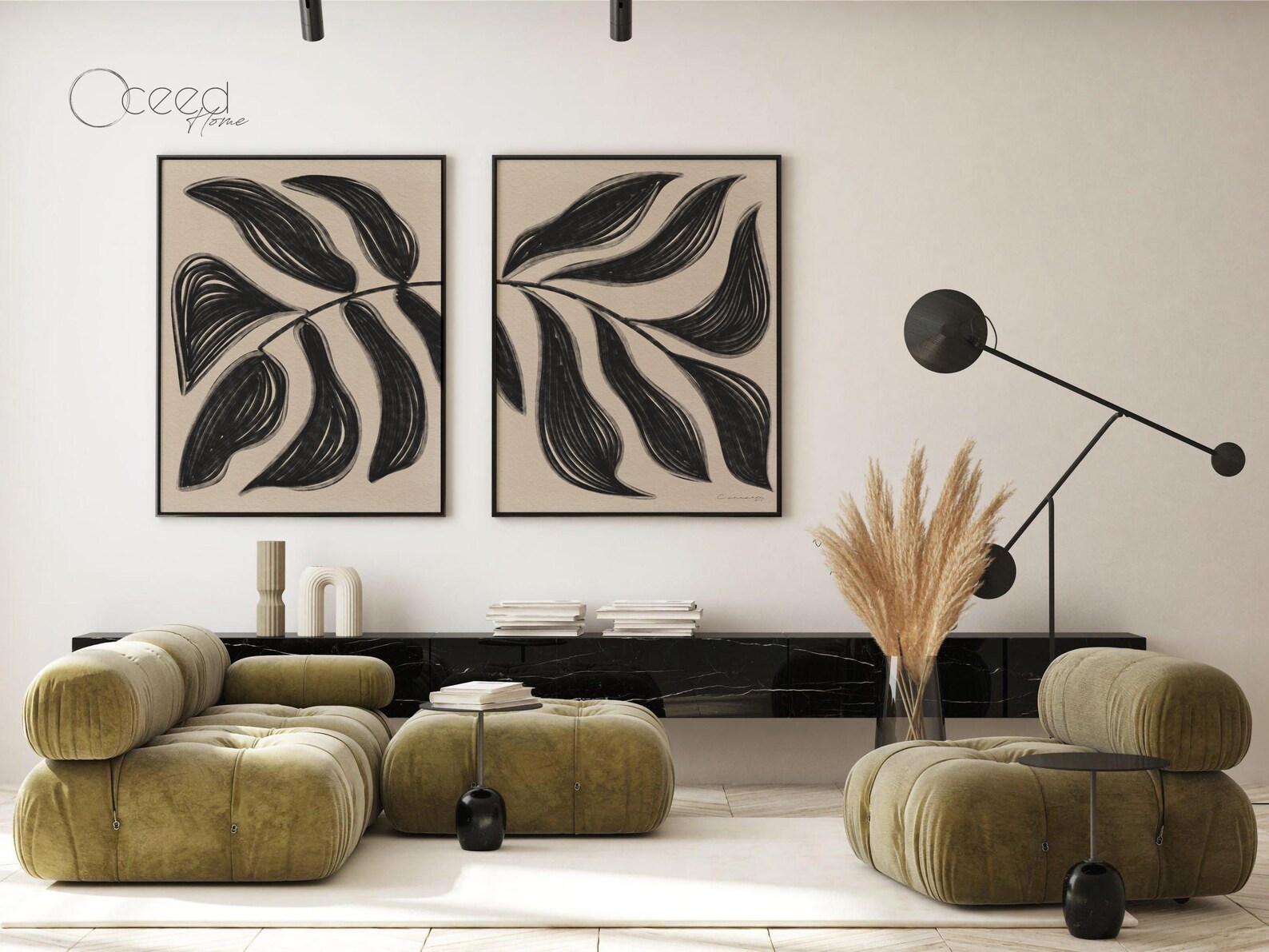 Modern Neutral Set of 2 Art Prints Minimal Black and Beige Leaf Wall ...