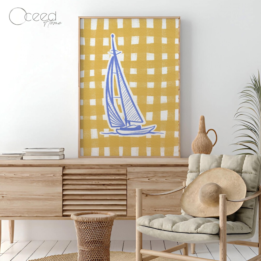 Blue and Yellow Nautical Art Print Colorful Trendy Retro Sail Boat ...