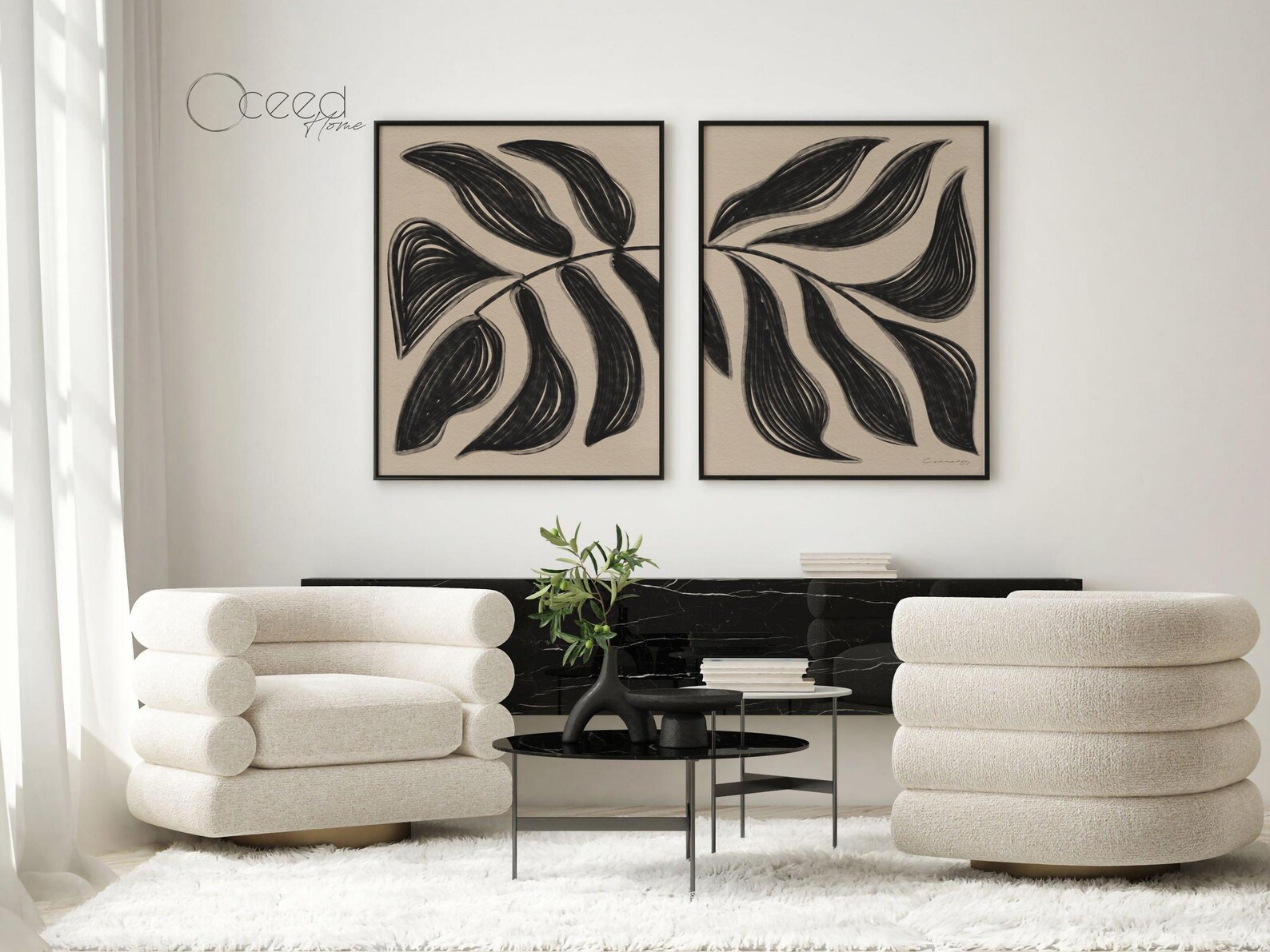 Modern Neutral Set of 2 Art Prints Minimal Black and Beige Leaf Wall ...