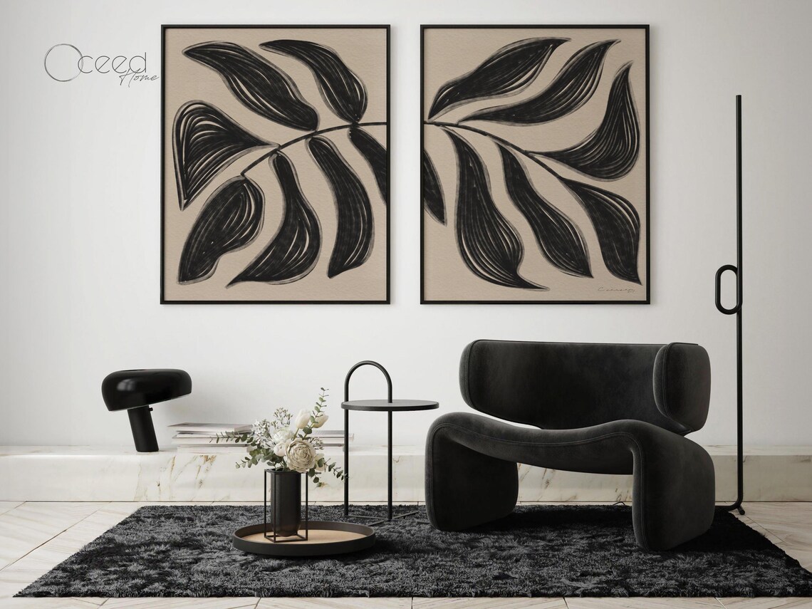 Modern Neutral Set of 2 Art Prints Minimal Black and Beige Leaf Wall ...