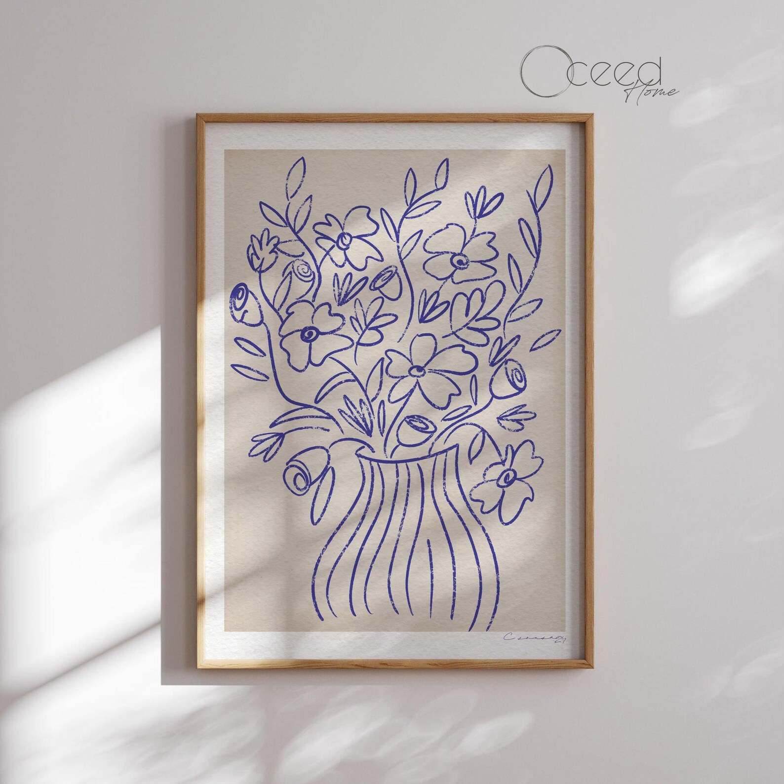Blue Floral Still Life Line Painting Indigo Blue Art Print Instant ...