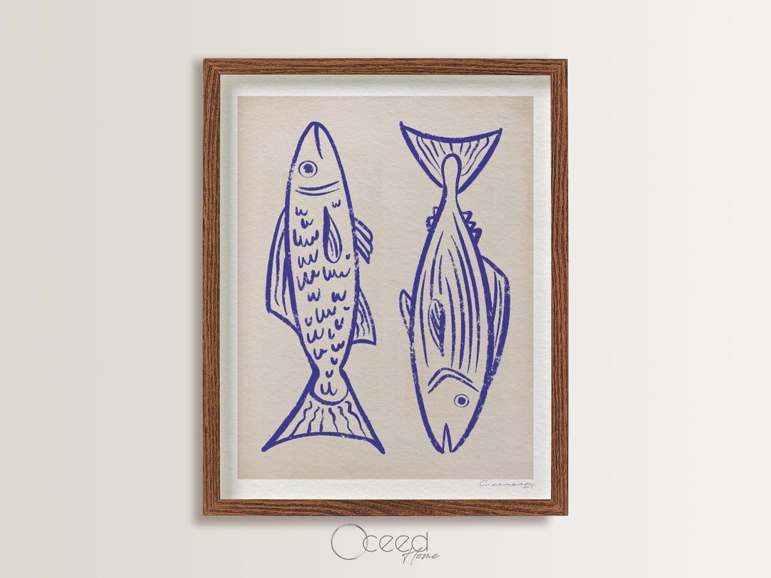 Retro Vintage Blue Fish Poster Modern Costal Print Rustic Eclectic Farm ...