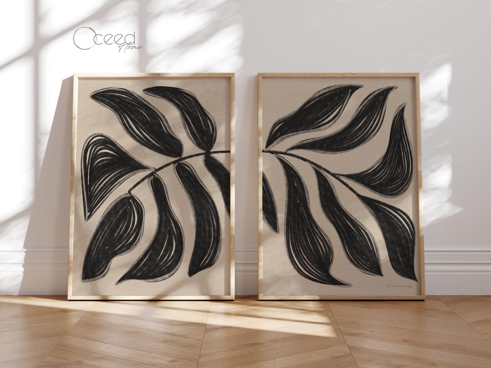 Modern Neutral Set of 2 Art Prints Minimal Black and Beige Leaf Wall ...