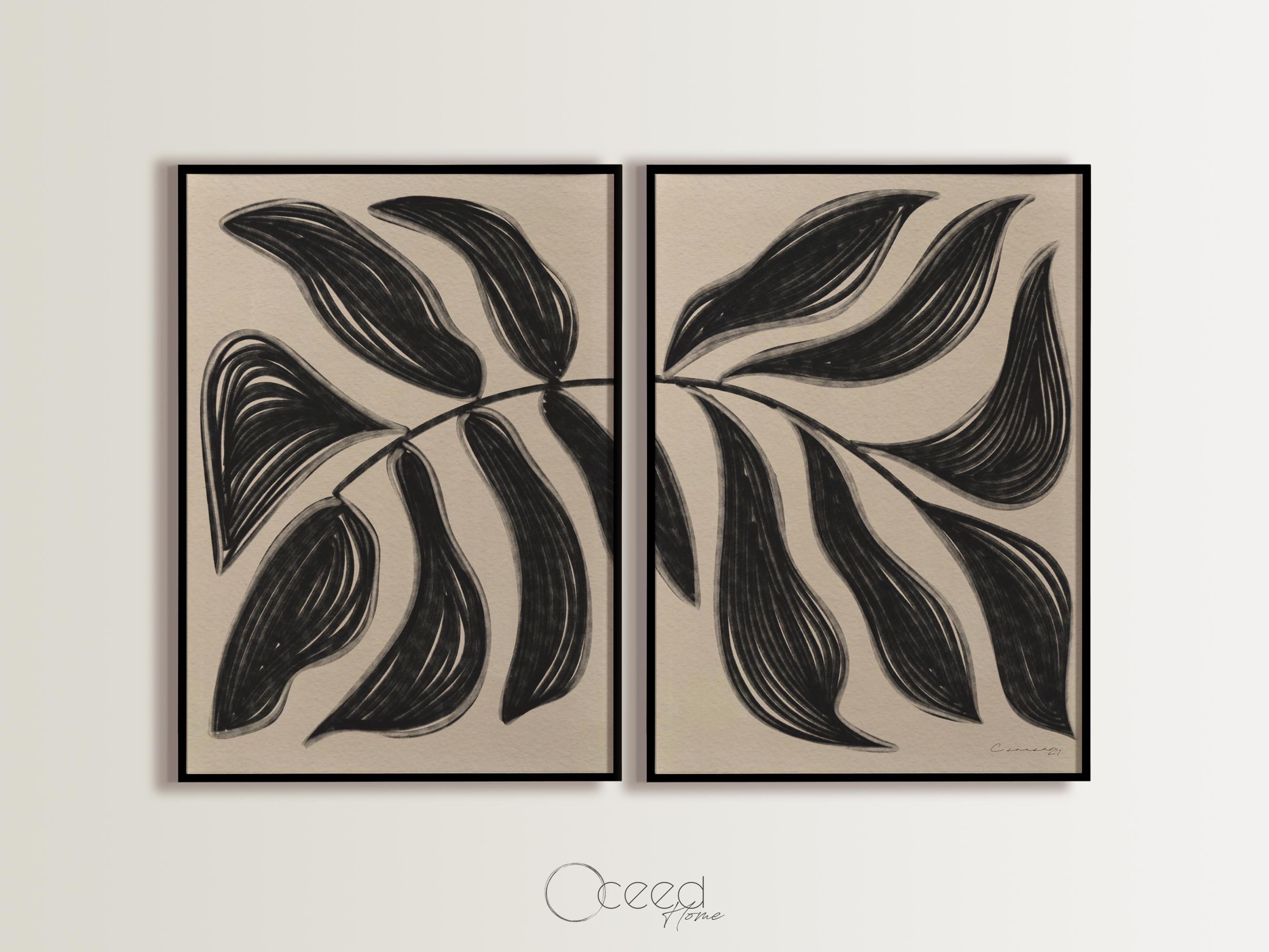 Modern Neutral Set of 2 Art Prints Minimal Black and Beige Leaf Wall ...