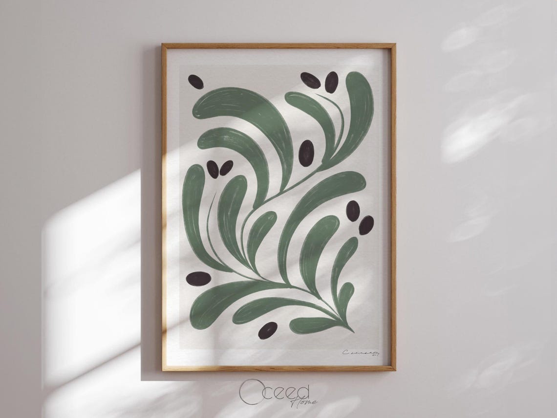Olive Branch Art Print | Minimal Abstract Olive Print | Boho Wall Print ...