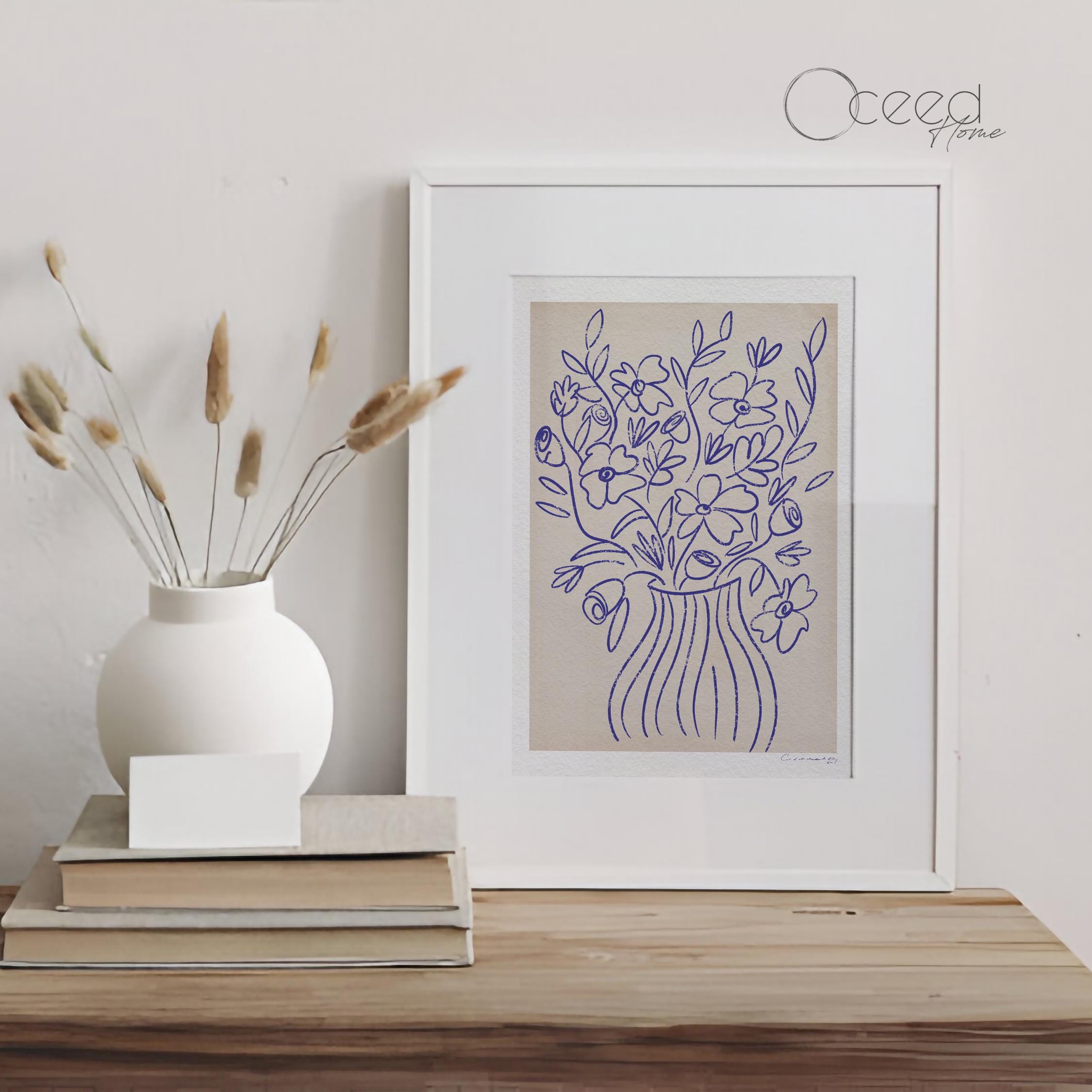 Blue Floral Still Life Line Painting Indigo Blue Art Print Instant ...