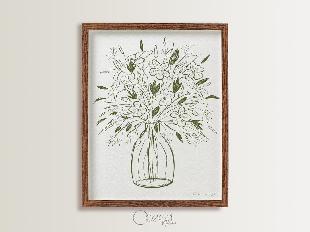 Green Still Life Line Drawing Print, Flower in Vase Sketch Drawing ...