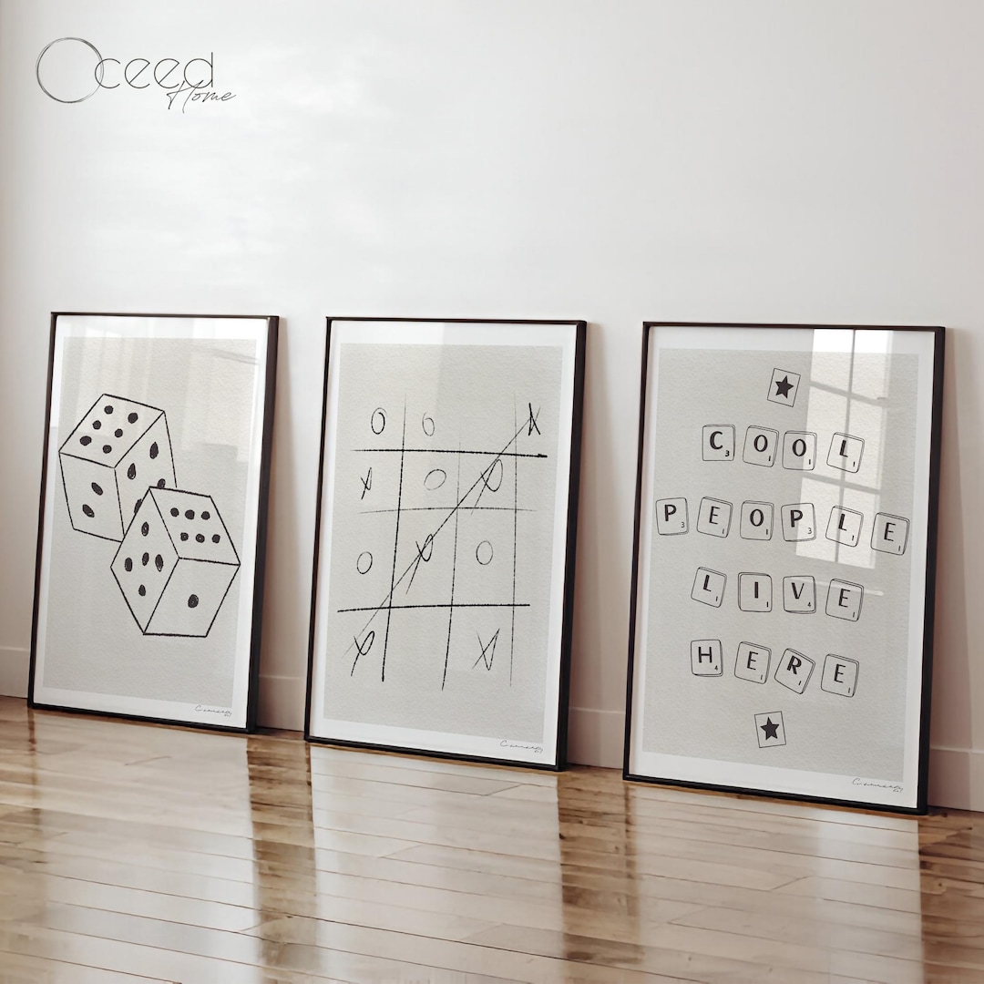 Fun Games Room Set of 3 Art Prints Black and White Minimal Board Game ...