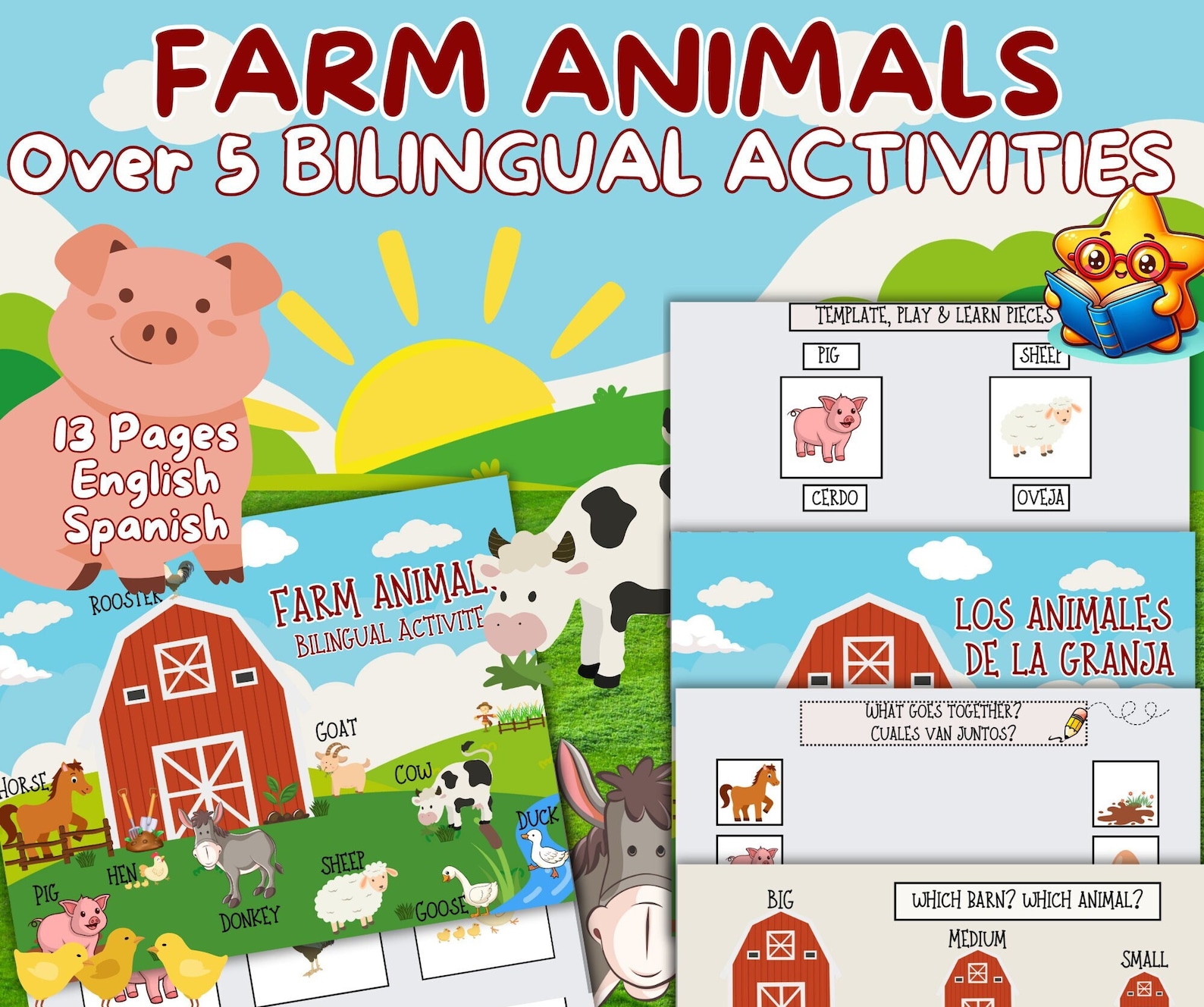 Farm Animals Bilingual Learning Game: English Spanish Match (digital ...