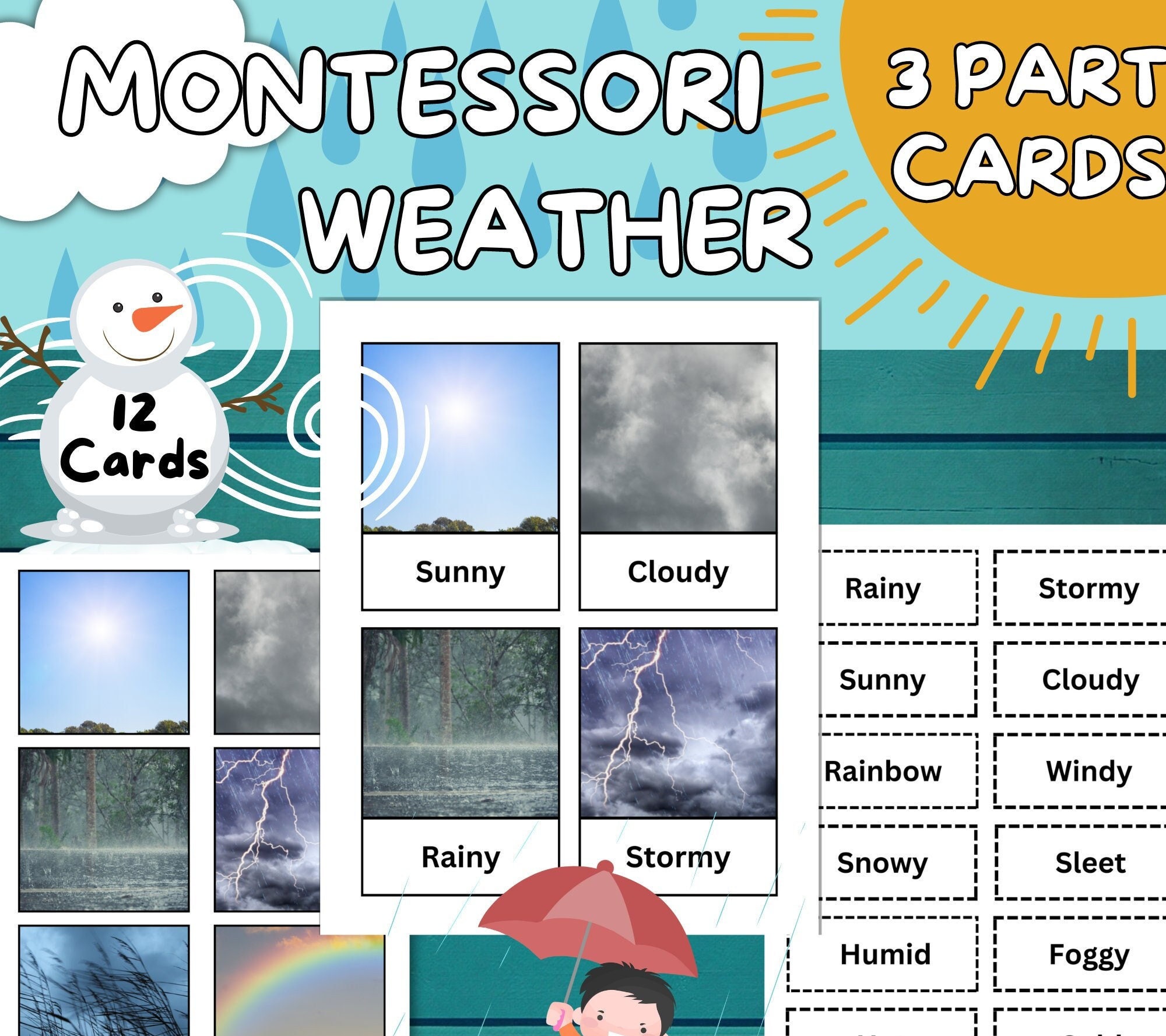 MONTESSORI WEATHER 3 Part Cards Matching Images Objects Words Memory ...