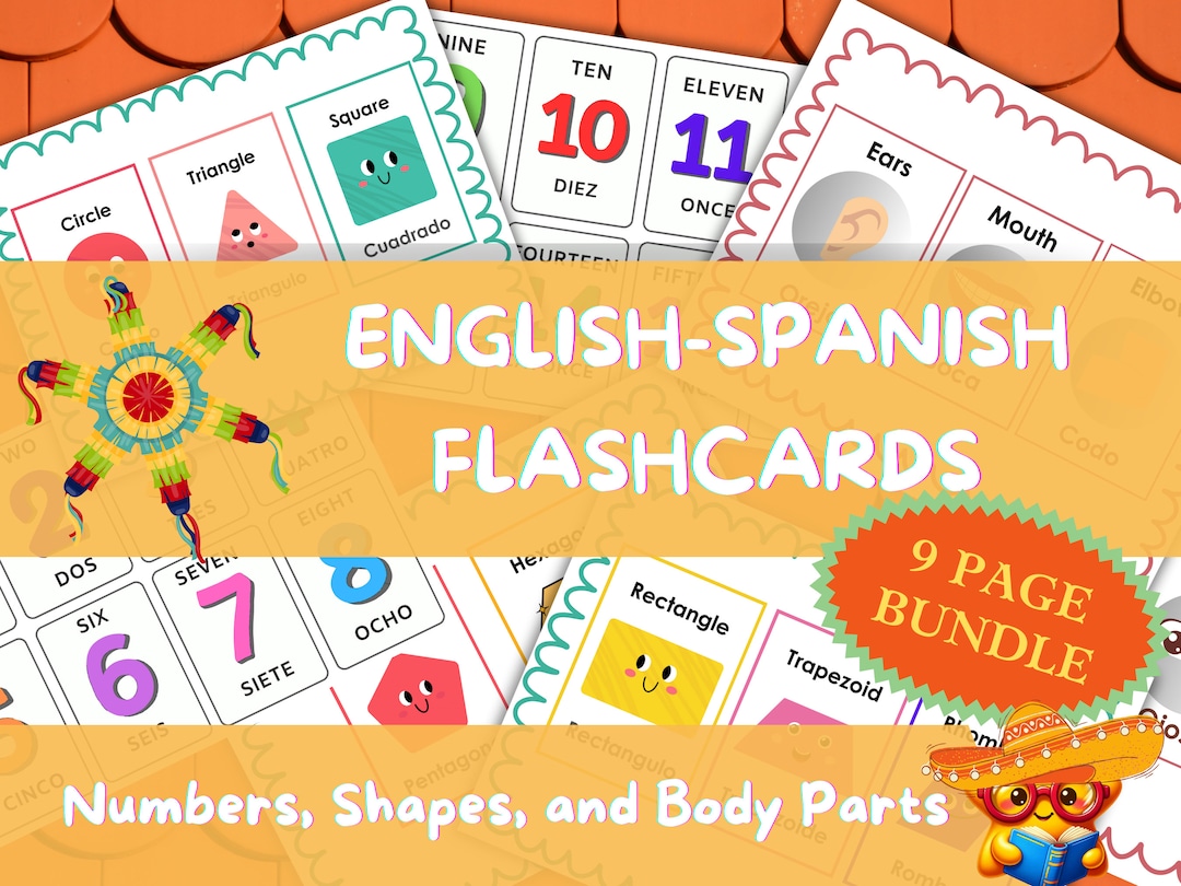 English Spanish Flashcards: Numbers, Shapes, Body Parts (digital A4 ...