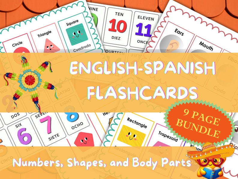 English Spanish Flashcards: Numbers, Shapes, Body Parts (digital A4 ...