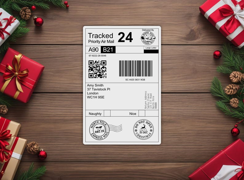 Personalised Santa Delivery Label, Santa Mail, Father Christmas Postage ...
