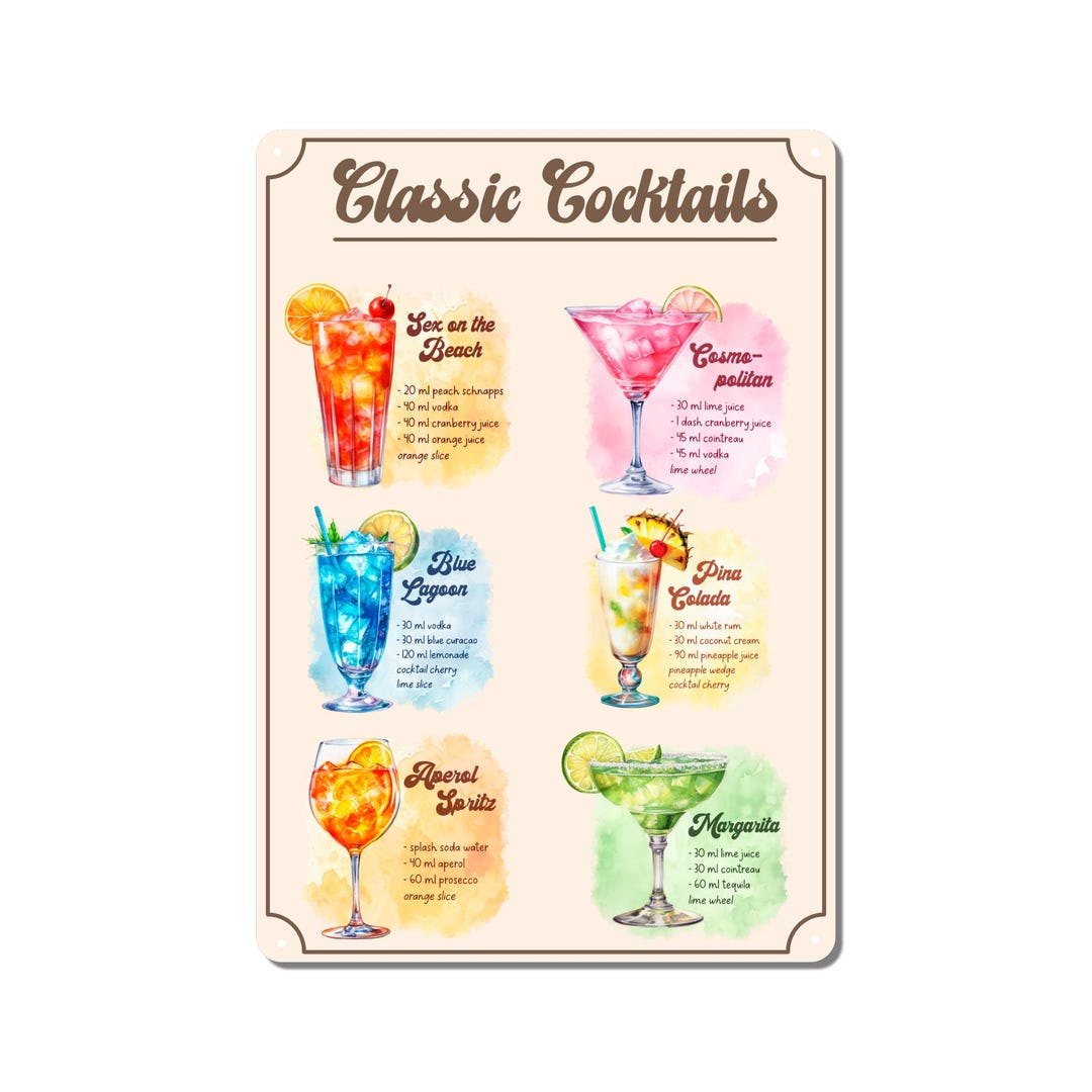 Classic Cocktails Metal Sign – Bar Wall Art for Home, Kitchen, or Pub ...