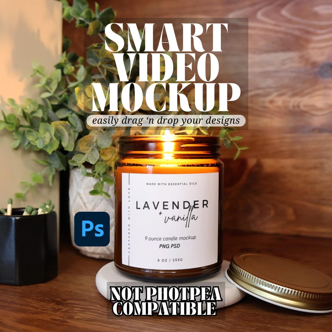 Amber Candle Mockup Video Smart Object 9oz Lit Candle Video PSD Amber ...