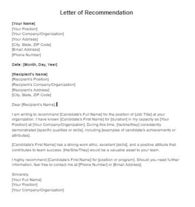 Template for Letter of Recommendation - Etsy
